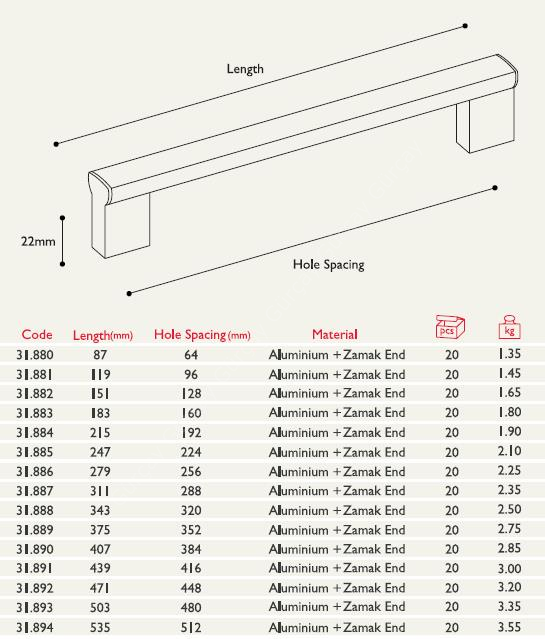 Aluminyum Sıra Kulp Tüm Ölçüler 352 MM